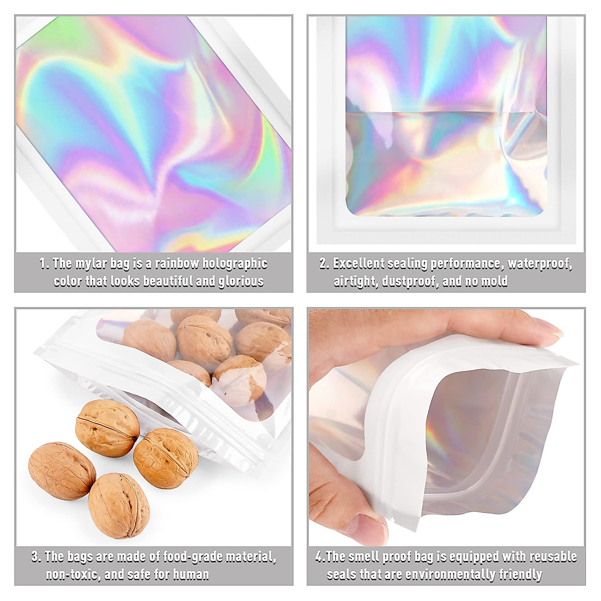 JTIEO 50Pcs Resealable Bags for Food Storage 4x6Inch Holographic Bags with Clear Window Foil Pouch Packaging Bag Self Sealing Bag for Party Favors, Lipgloss, Jewelry, Candy White