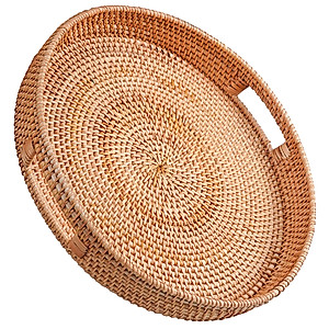 HOMESSENT Round Rattan Tray 11.81x 2.4 Inches -Natural Rustic & Sturdy Wicker Tray with Cut-Out Handles - Hand Woven Tray for Storage & Decoration – Basket Tray for Serving Coffee, Fruits & Drinks