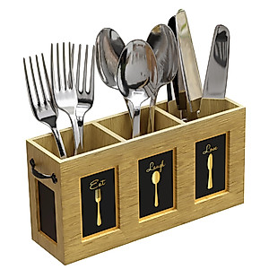 Bamboo Silverware Caddy, Cutlery Holder with Handle - 3 Compartment Utensil Holder and Easy to Clean Spoon Fork Knife Holder - Non-Slip utensil holder for kitchen counter and farmhouse kitchen décor