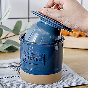 HVH Ceramic Butter Crock, French Butter Dish with Lid for Countertop, Butter Keeper for Counter, Butter Crock with Water, Butter Holder for Soft Butter, Farmhouse Style(Blue)