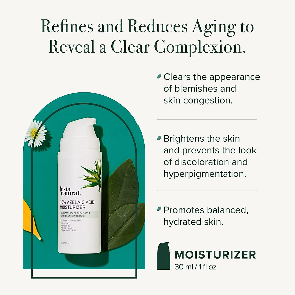 InstaNatural 10% Azelaic Acid Moisturizer, Face Moisturizer with Vitamin C, Hyaluronic Acid, Green Tea Extract, and Witch Hazel, For Roscesea, Acne Prone Skin and Hyperpigmentation