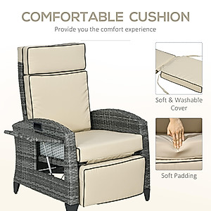 Outsunny Outdoor Recliner Chair with Cushions, PE Wicker Reclining Patio Lounge Chair with Adjustable Footrest, Armrests, Side Tray Table for Balcony, Porch, Khaki