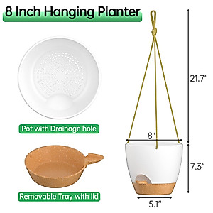 ZMTECH 8 Inch Hanging Planters for Indoor Outdoor Plants, 2 Pack Self Watering Hanging Plant Pots with Drainage Holes and Removable Saucer, Plastic Flower Hanging Pots with Watering Lip (White)