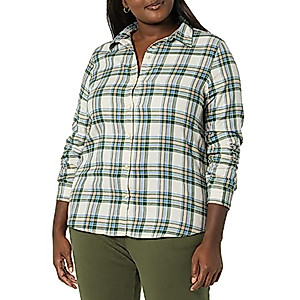 Amazon Essentials Women's Classic-Fit Long-Sleeve Lightweight Plaid Flannel Shirt, Ivory Green Alpine Plaid, Medium