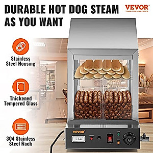 VEVOR Hot Dog Machine, 36 L, 2-Tier Hot Dog Steamer for 200 Hotdogs & 42 Buns, 1200W Electric Bun Warmer Cooker with Rotary Knob Temp Display 7.5 L Water Tank, Stainless Frame and Tempered Glass Doors
