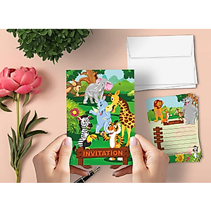 Leigha Marina Jungle Animals Party Invitation Cards for Kids, 20 Invites & 20 Envelopes - Fill in the Blank Greeting Notes - Multi-Use, Birthday, Themed Celebration