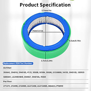 KLWZH 394018S 394018 Air Filter & Pre-Cleaner for BS 392642 271271 272490 5050D Vanguard V-Twin 12.5-20hp 16HP 18HP 392642 5050H 5050B 4135 421400 402400 Engine GT235 LT166