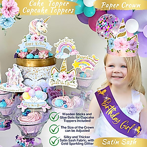 245 Pieces RainMeadow Unicorn Birthday Decorations for Girls Kit, All-in-1 Party Supplies Pack With Balloon Garland, Fringe Curtains, Foil Balloons, Backdrop, Crown, Sash - Pink, Purple, Teal, Gold