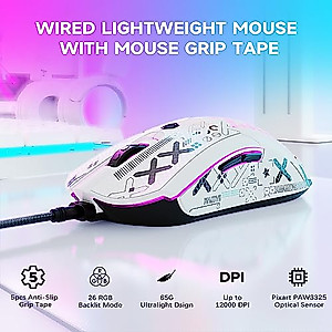 ZIYOU LANG M5 RGB Lightweight Wired Gaming Mouse with 12000 DPI 6 Programmed Buttons,65G Honeycomb Shell,Ultralight Ultraweave Cable,Pixart 3325 Optical Sensor Gamer Mice(White)