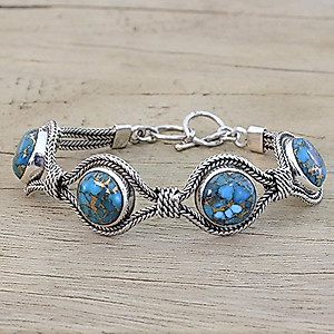 NOVICA Handmade .925 Sterling Silver Link Bracelet Composite Turquoise Reconstituted Blue India Island Paradise Gemstone [7 in min L x 7.5 in max L x 0.7 in W] 'Heavenly Blues'