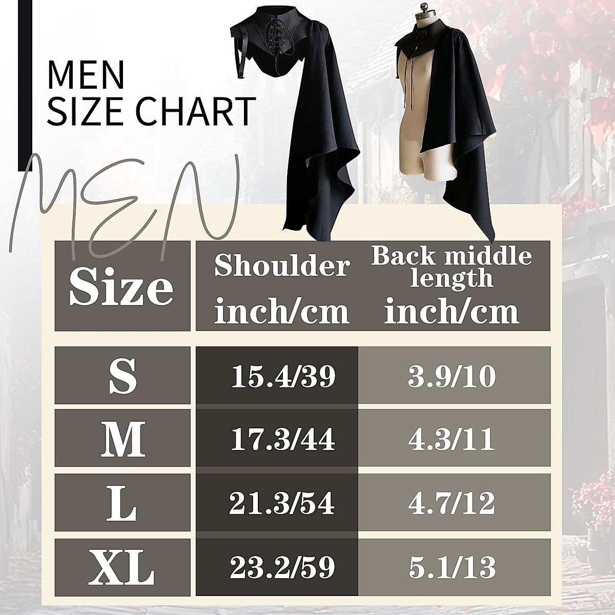 Fuman mens Medieval Shawl Renaissance Half Cape High Texture Lace Up, Black, Medium