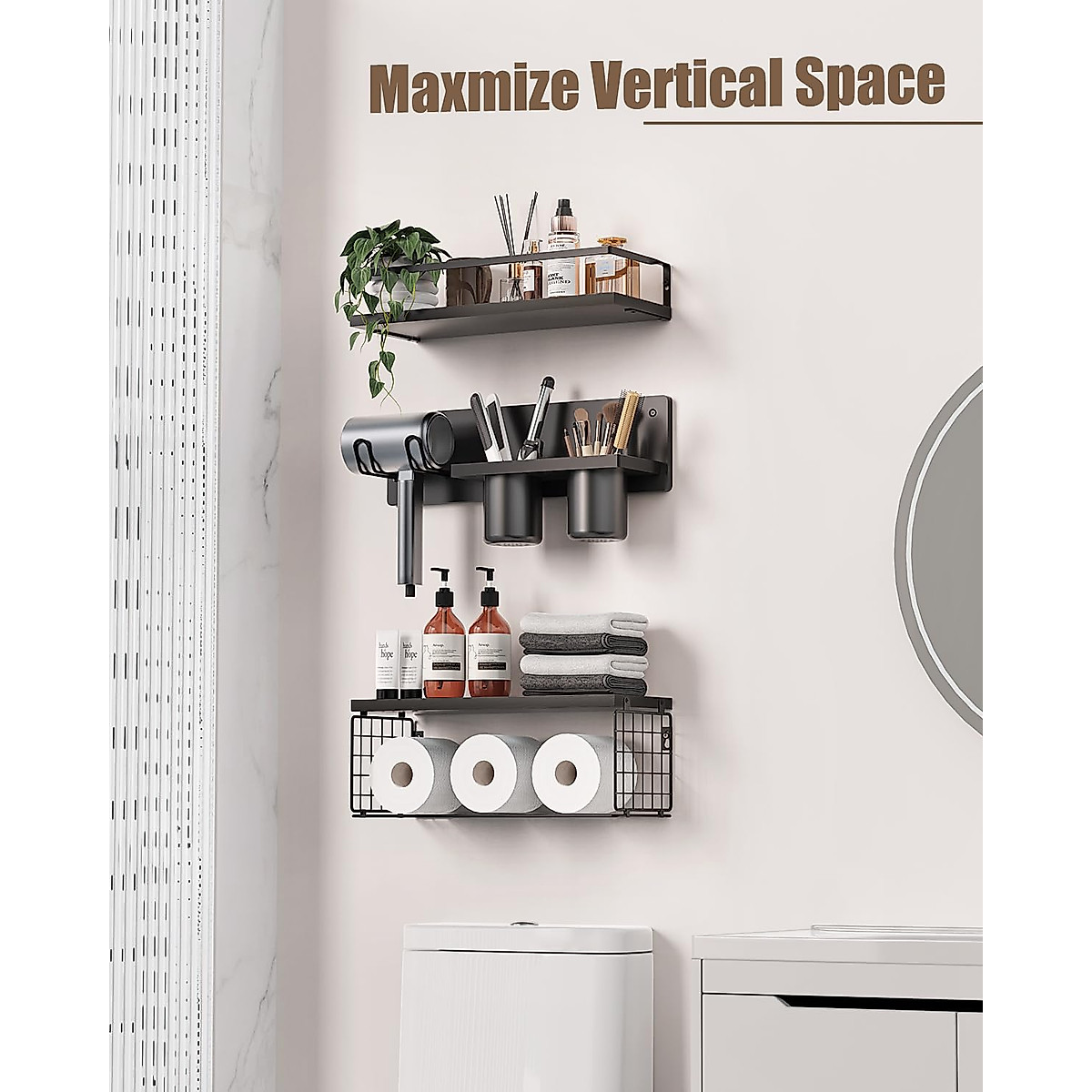 ROPALINS Bathroom Shelves Over Toilet - Floating Shelves Wall Mounted with Storage Basket for Bathroom Decor, Bedroom, Living Room, Kitchen Black