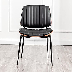 LUNLING Dining Chairs Set of 2 Mid Century Modern Retro Faux Leather Chair with Walnut Bentwood Upholstered Seat Metal Legs Adjustable Foot for Kitchen Dining Room Chairs(Black)