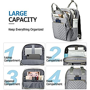 Liokesa Laptop Backpack for Women, School Backpack for Teen Girls, 15.6 Inch Quilted Womens Work Laptop Bag with USB Charging Port, Large Computer Bookbags for College Teacher, Grey