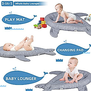 Hiseeme Baby Play Mats for Floor,Baby Lounger for Cover,100% Cotton Premium Breathable Whales Mat,Sleeping Bed Cover for Newborn,Machine Washable, Polyester,（Grey）