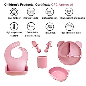 TINGGNIT 6pcs Silicone Baby Feeding Set, Silicone Bib, Toddler, Bowl, Straw Cup with Suction Baby Plate Fork&Spoon Baby Eating Supplies, Baby Plates With Suction,Baby Gifts,(Dark Pink）