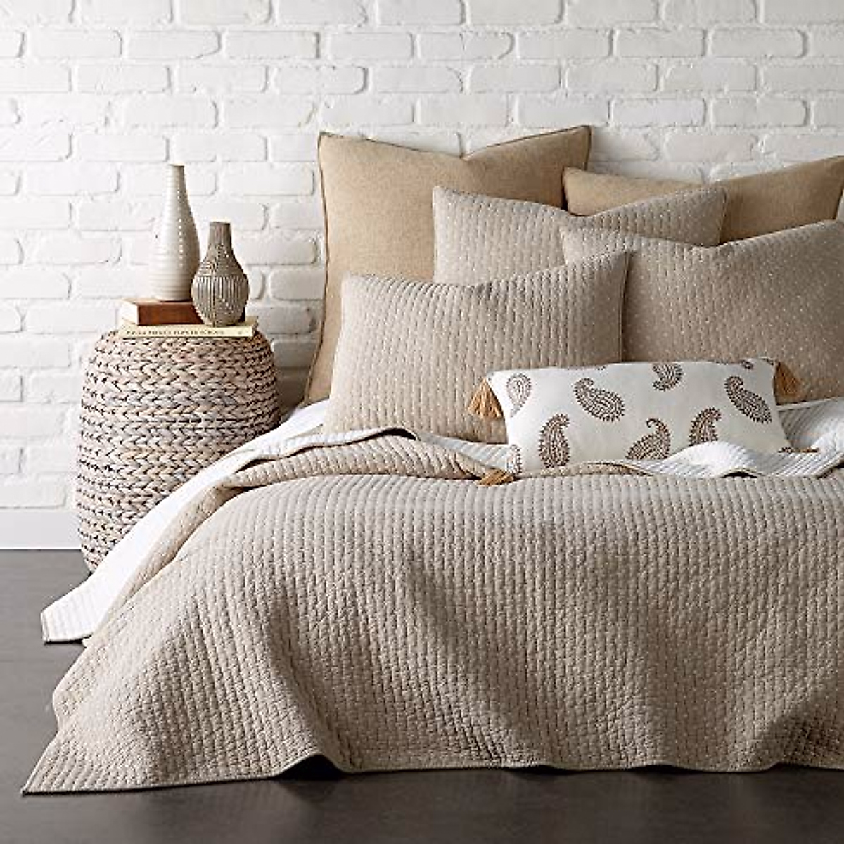 Levtex Home - Cross Stitch Quilt Set - 100% Cotton - Full/Queen Quilt (88x92in.) + 2 Standard Shams (26x20in.) - Taupe Quilt with White Contrast Stitching