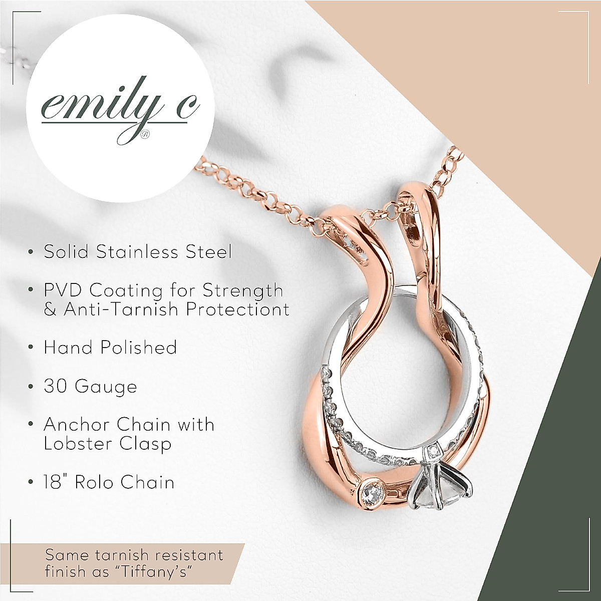 Emily C Original Patented Ring Holder Necklace,Stainless Steel Necklace Ring Holder,Women & Men Wedding Ring Holder Necklace, Stainless Steel, Cubic Zirconia