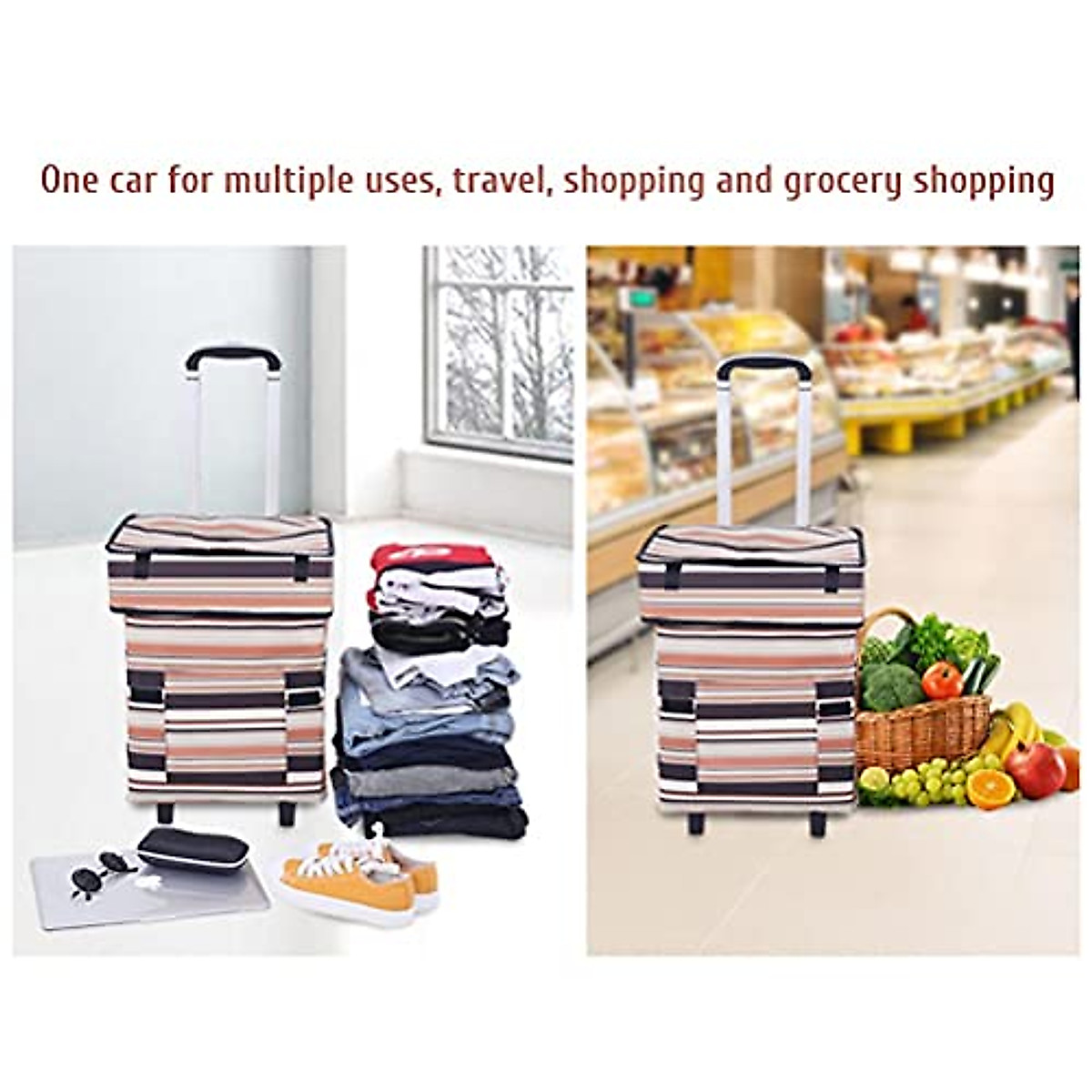 ZICRIC Foldable Shopping Cart with Wheels Rolling Folding Grocery Rolling Pulling Utility Trolley Collapsible Tote Oxford Trolley Bag for BBQ Women Laundry Duffel Fast Food Delivery