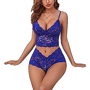 Lilosy Sexy Women Floral Lace Pajamas Lingerie Set High Waist Sheer Sleepwear See Through Nightwear Cami Shorts Bra and Panty 2 Piece Royal Blue Large