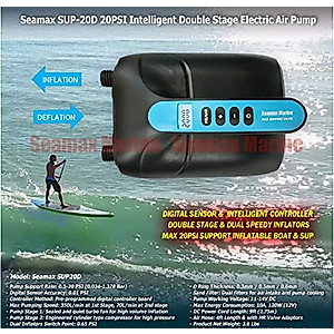 Seamax SUP20D 20PSI Double Stage Electric Air Pump for Inflatable SUP and Boat, New Version Intelligent Firmware with Built-in Temperature Sensor and Voltage Protection