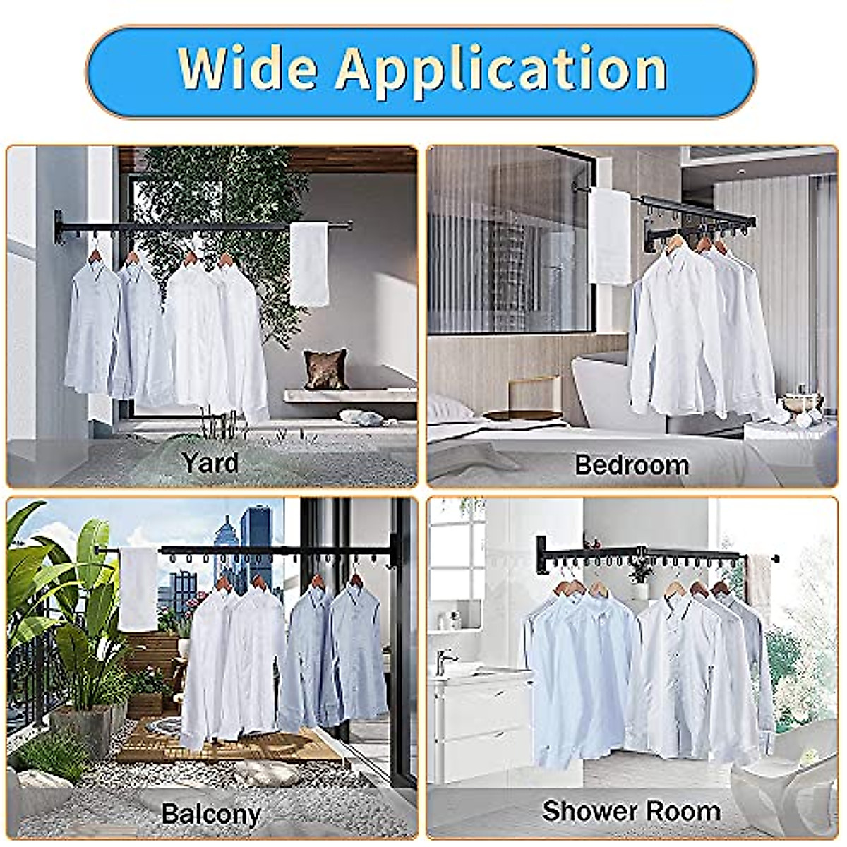 GANCHUN Wall Mounted Space-Saver Clothes Hanger, Clothes Drying Rack, Retractable Folded with Towel Bar,Strong Load-Bearing Easy Installation Design, Balcony, Mudroom, Laundry, Bedroom