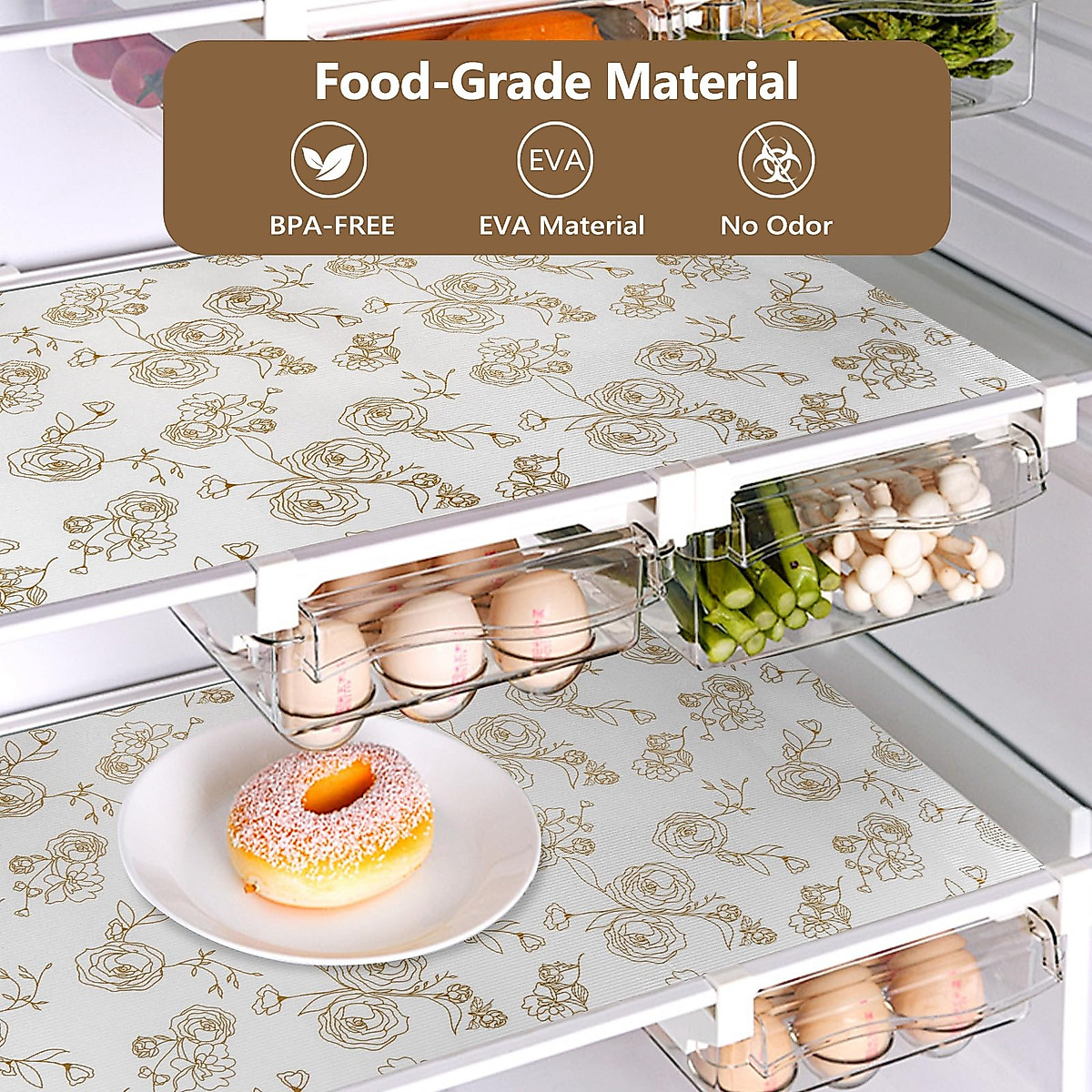 Shelf Cabinet Liner for Kitchen- Non Adhesive Drawer Liner Refrigerator Liner, Premium Waterproof Shelf Paper Protect Surface, Non Slip Easy to Clean Durable EVA Material, Gold Roses, 11.8 in x 10FT