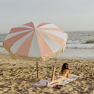 Beach State Summerland 6.5 Feet Beach Umbrella with Fringe - Outdoor Umbrella - UV50+ Sun Protection (Pink Salt Stripes)