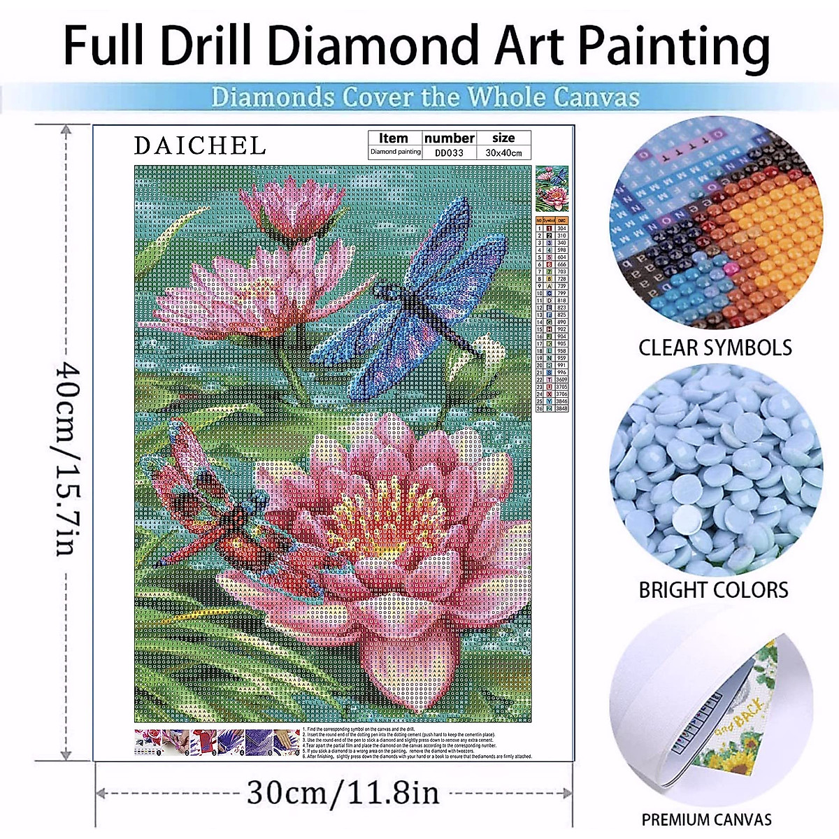 DAICHEL Lotus Diamond Art Painting Kits for Adults - Full Drill Diamond Dots Paintings for Beginners, Dragonfly Round 5D Paint with Diamonds Pictures Gem Art Painting Kits DIY Adult Crafts 12x16inch