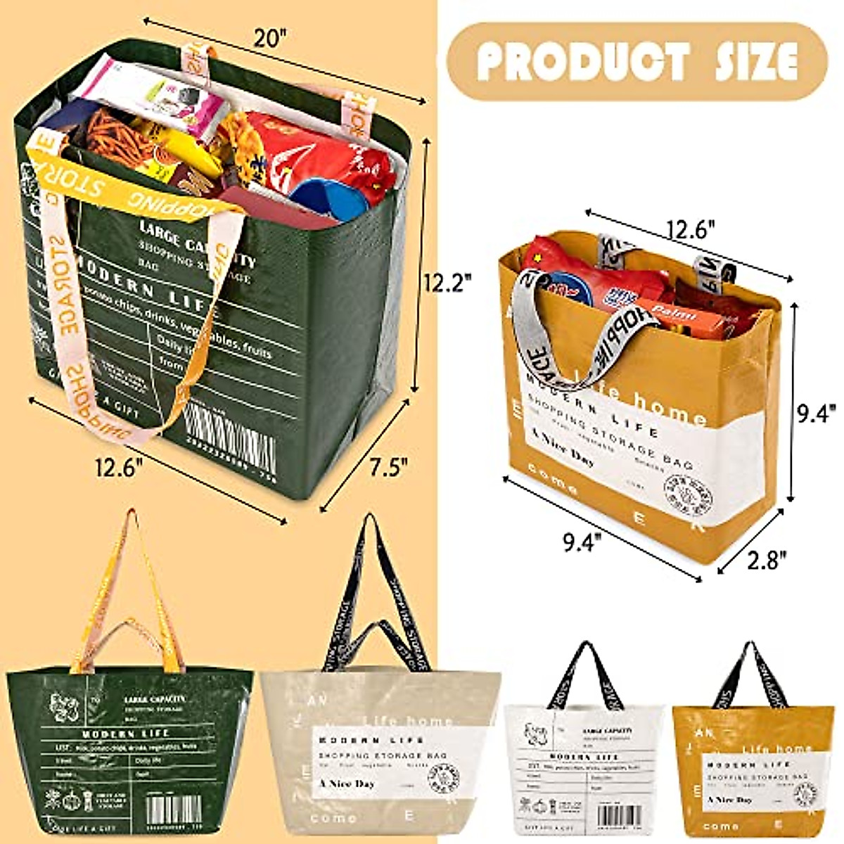 LUCKIPLUS 4 Pcs Foldable Grocery Bags Reusable Shopping Bags for Women-Two Size Grocery Bags Totes-Waterproof Reusable Tote Bags with Handles Heavy Duty Tote Bags Lightweight Tote Bags for Shopping