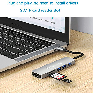 BEST CABLE USB C Hub Multiport Adapter - 6 in 1 Portable with 4K HDMI Output, 3 USB 3.0 Ports, SD/TF Card Reader, Compatible with MacBook, XPS More USB C Devices