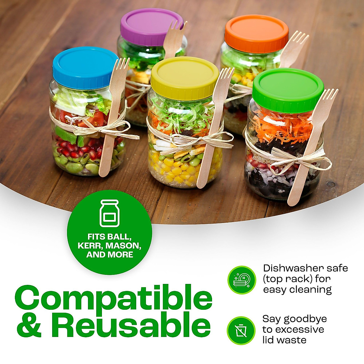 HELPFUL HOME Mason Jar Lids, Canning Lids - Leakproof, Easy to Use, Versatile Usage, Bright & Colorful, Dishwasher Safe, Fits BALL, KERR & More, Pack of 12 (6 Wide Mouth & 6 Regular Mouth)