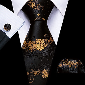 Barry.Wang Flower Ties for Men Handkerchief Cufflinks Set Wedding Necktie Set Party