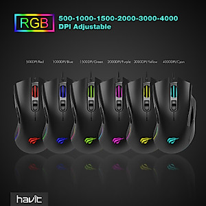 HAVIT Programmable Gaming Mouse 4000DPI 7 Buttons RGB Backlit Wired Optical for Laptop, PC & Computer, MS794 (Black)