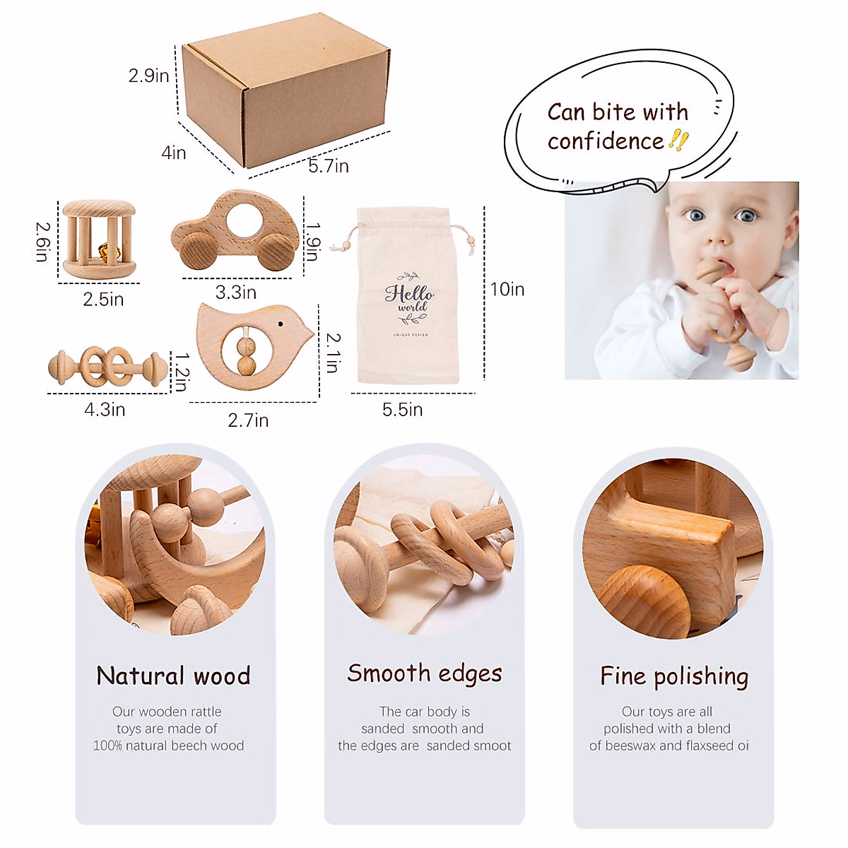 Wooden Baby Toys Wooden Rattle 4PC Handmade Natural Organic Preschool Baby Grasping Toy