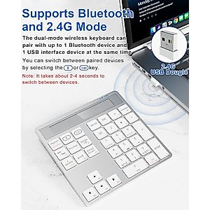 Bluetooth Number Pad with Calculator - Bluetooth + 2.4G Wireless Numeric Keypad Slim 34-Key Portable External Numpad Keyboard Data Entry & Calculate 2 in 1 for Laptop MacBook