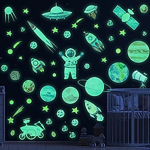 Glow in The Dark Planet and Space Solar System Wall Stickers,Glow in The Dark Stars for Ceiling,Galaxy Astronaut Rocket Spacecraft Alien Wall Decals for Boys Toddler Kids Bedroom Nursery Playroom Wall Decor