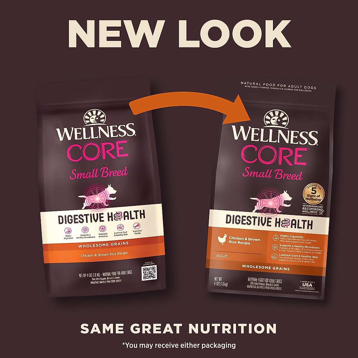 Wellness CORE Digestive Health Dry Dog Food with Wholesome Grains, Highly Digestible, for Dogs with Sensitive Stomachs, Made in USA with Real Protein (Small Breed, Chicken & Brown Rice, 4-Pound Bag)