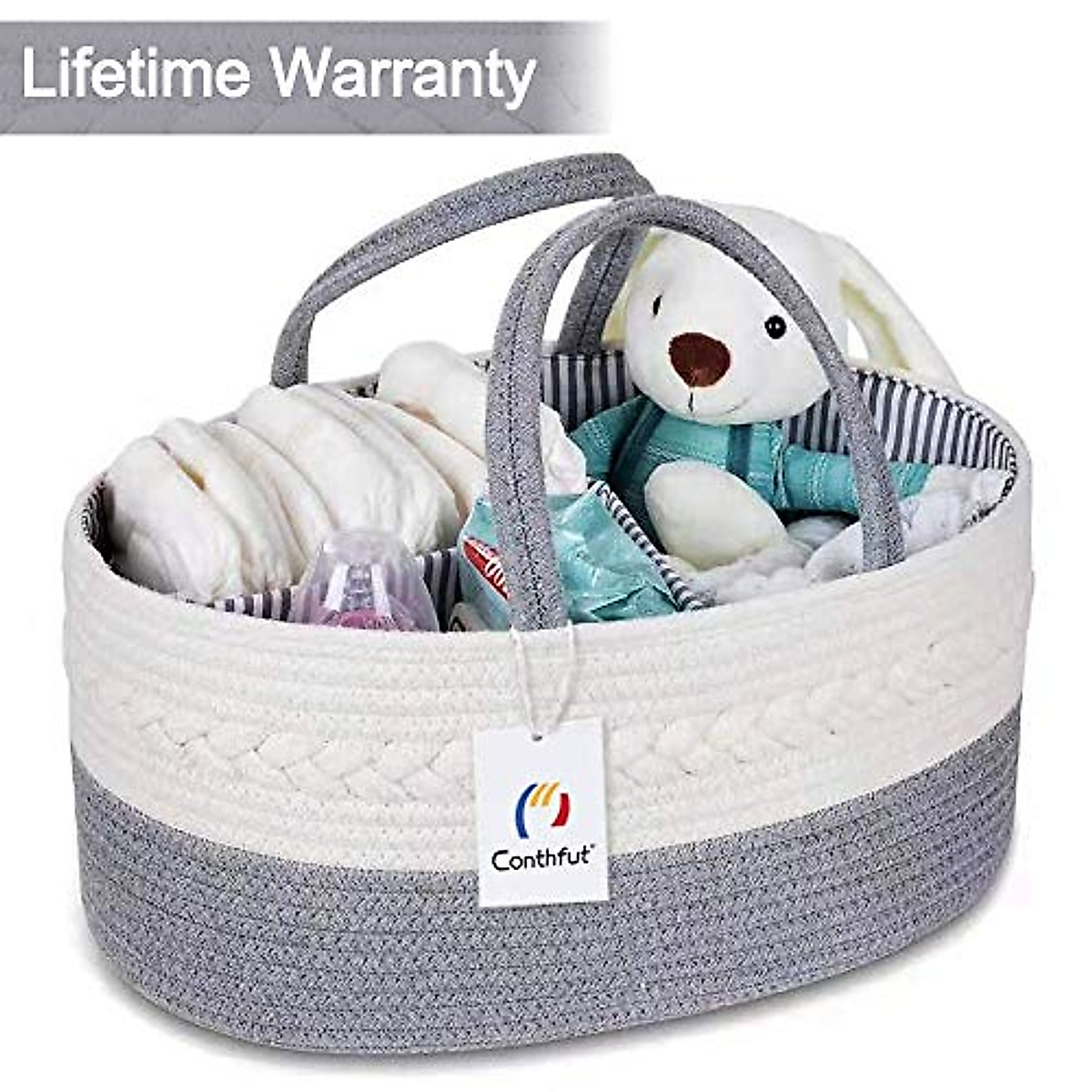 Conthfut Baby Diaper Caddy Organizer 100% Cotton Rope Nursery Storage Bin for Boys and Girls Large Tote Bag & Car Organizer with Removable Inserts Baby Shower Basket