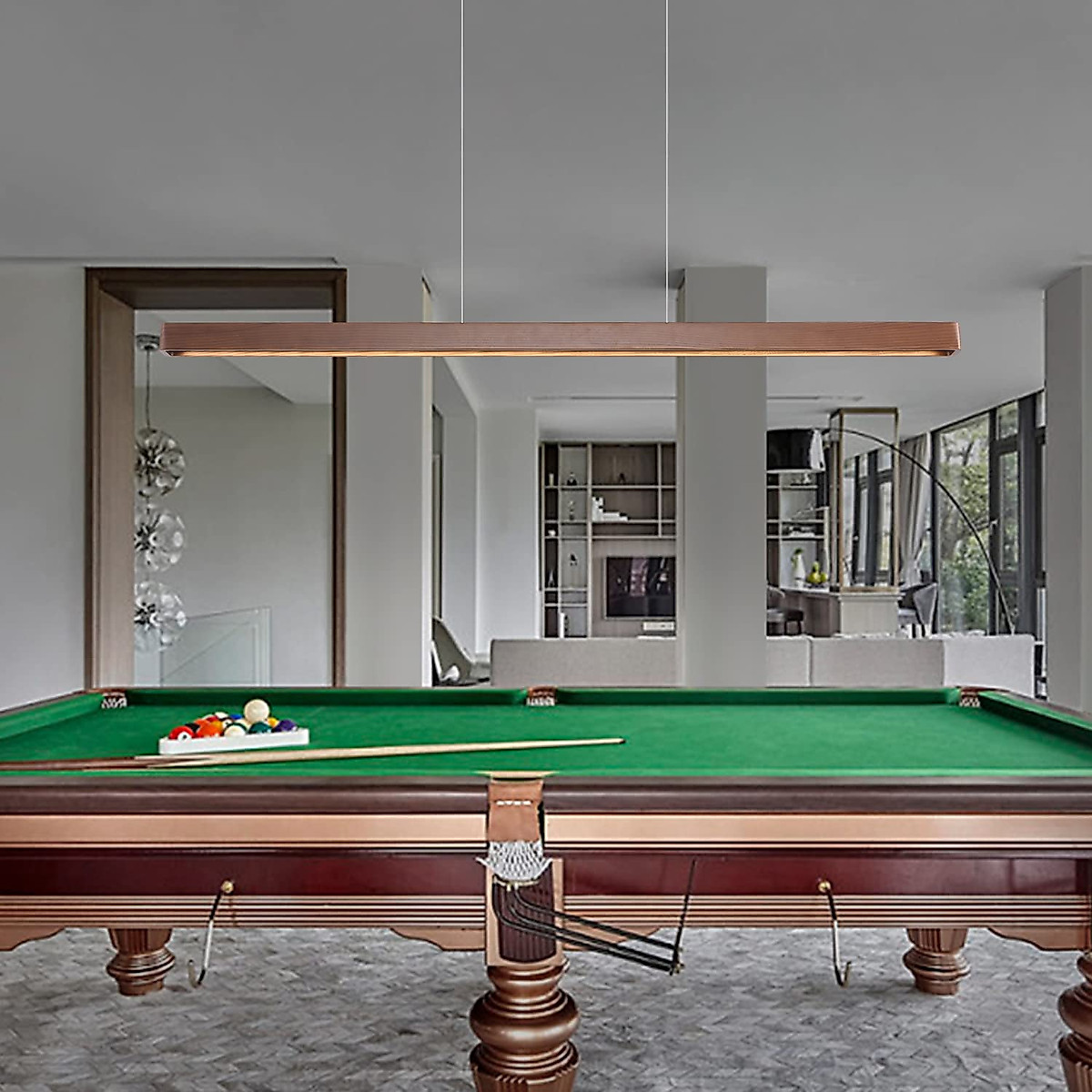 YISDESIGN 59" Wood Linear Pendant Light 40w Integrated Led Pendant Light Dimmable Ceiling Pendant Hanging Light Adjustable Billiard Pool Table Lights for Dining Room Kitchen Island Walnut Color