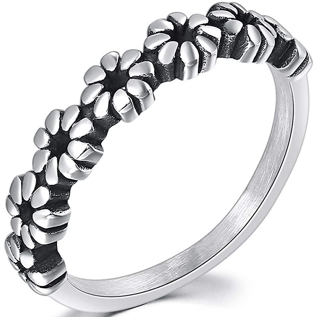 Jude Jewelers Retro Vintage Stainless Steel Stackable Flower Style Wedding Band Ring (Silver, 13)
