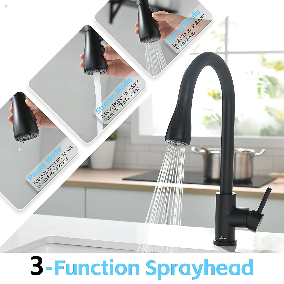 APPASO Black Kitchen Faucet with Soap Dispenser, Modern RV Kitchen Sink Faucet with Pull Down Sprayer 3 Modes, Solid Stainless Steel Faucet Kitchen Matte Black for Bar Sink, High Arc & Single Handle