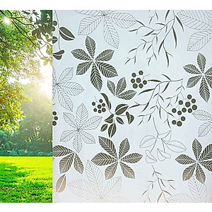 VSUDO 17.7" by 118.1" White Frosted Privacy Window Film, Removable White Background & Leaf Pattern Matte Window Film, Opaque Window Glass Covering, Static Cling Window Sticker for Home (14.53 Sq. Ft)