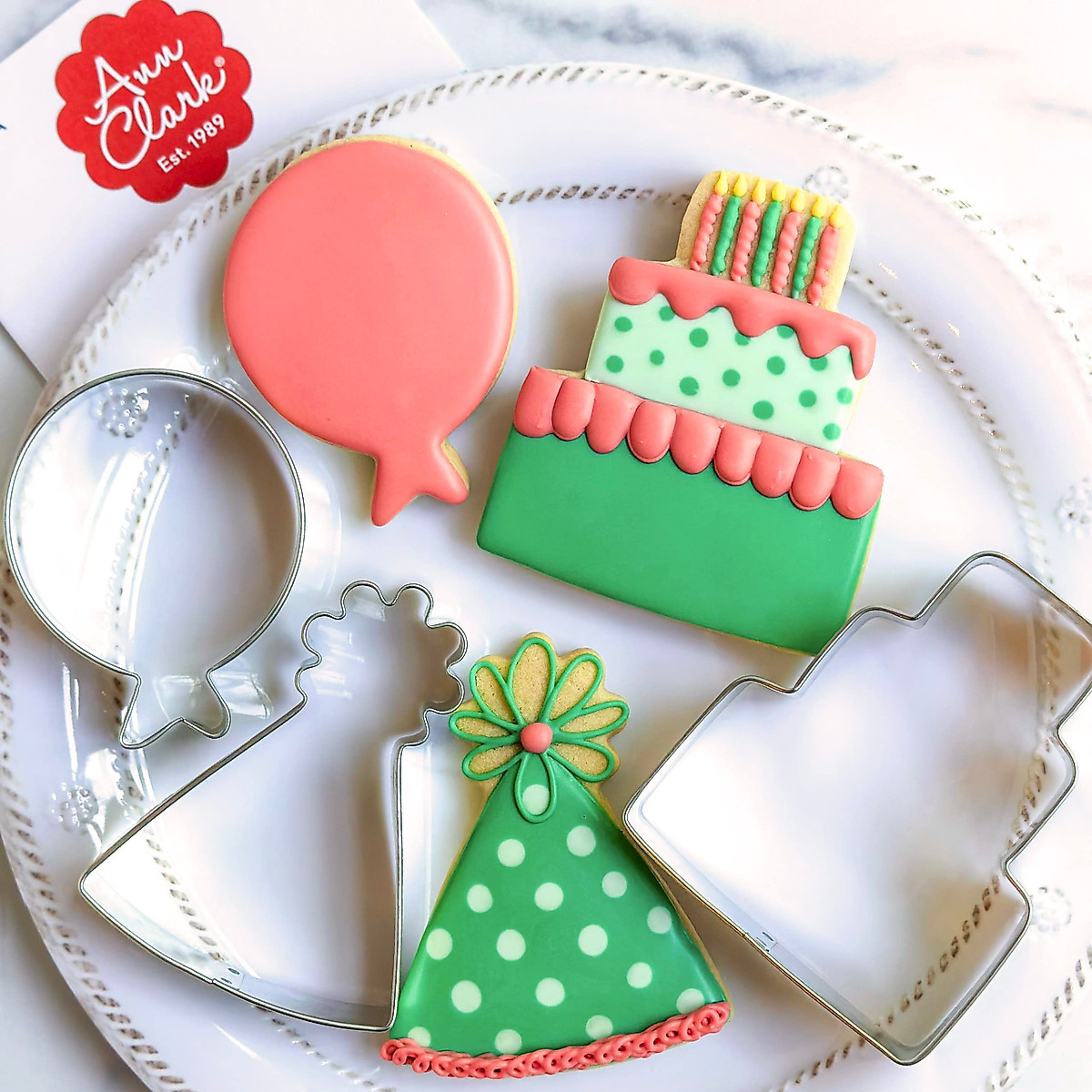 Birthday Cookie Cutters 3-Pc. Set Made in USA by Ann Clark, Birthday Cake, Birthday Hat, Balloon