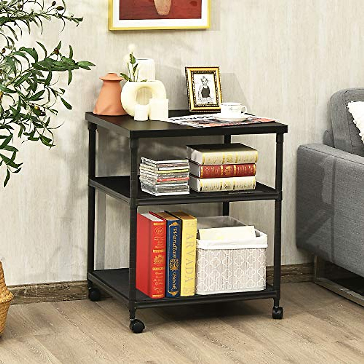 Tangkula 3-Tier Printer Stand Printer Cart, Multifunctional Utility Cart w/ Ample Storage Space, 360° Swivel Rolling & Lockable Wheels, Sturdy Iron Frame, Adjustable Heights, Organizer for Office