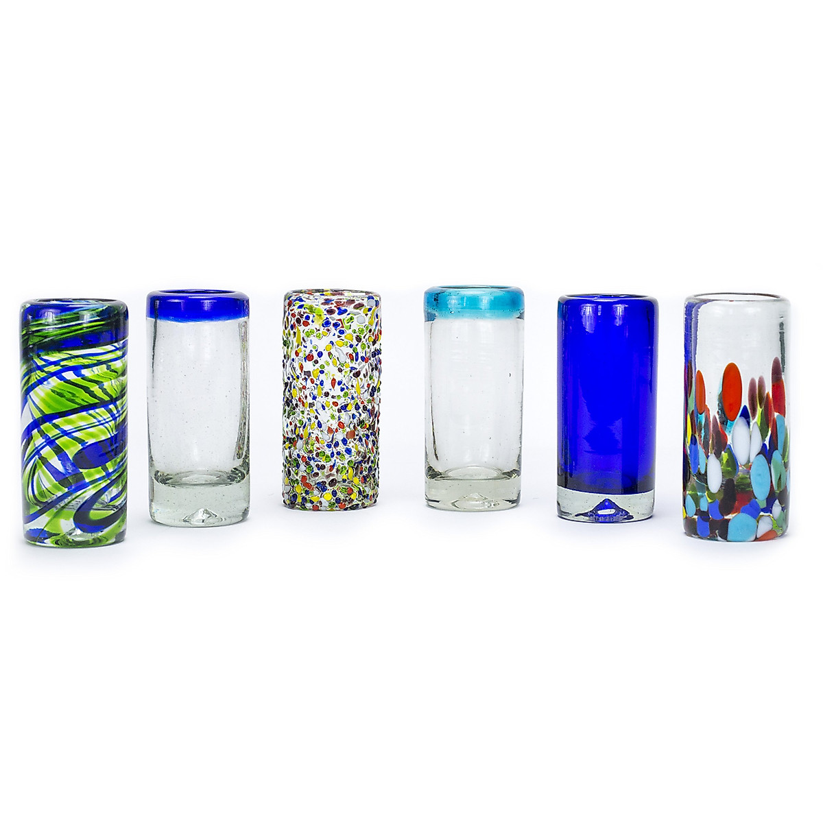 MEXART Artisan Crafted Hand Blown 6 Different Design Collection Recycled Glass Shots Glasses, 2 oz. 'Classic' (set of 6)