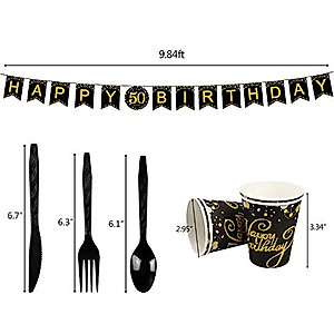 Rainmae 50th Birthday Party Supplies Tableware Set - Serves 16 Guest-Plates, Cups, Napkin, Knife, Spoon, Fork, Table Cloth, Sparkling Banner for 50 Years Old Party Decoration, 50th Wedding Anniversary