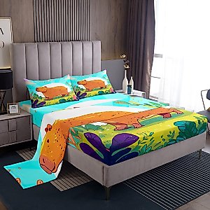 Erosebridal Cute Capybara Bed Sheets Set Full Size Rainbow Sheet Set 4 Piece Kawaii Rodent Animals Capybaras Fitted Sheet Green Palm Leaves Print Flat Sheet Funny Capybaras Sheets