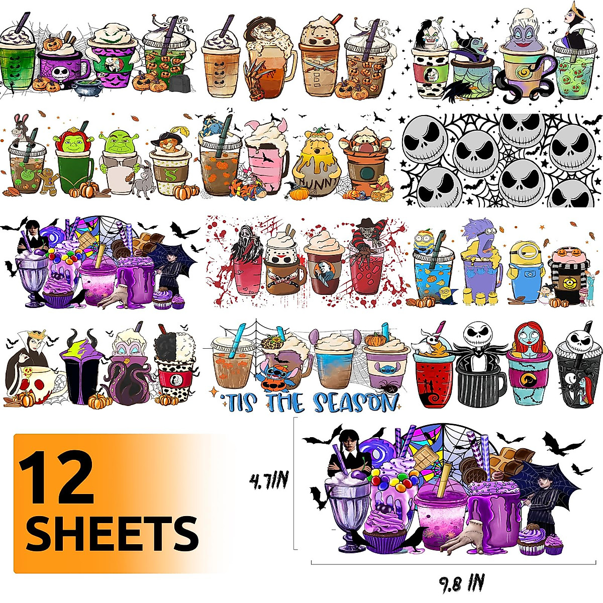 Elitles Made Halloween UV DTF Cup Wrap Transfer for Glass 16oz, 12 Sheetes Transfers Stickers Decals, Rub on Crafts, Ready to Apply, Permanent Adhesive, No Heat Needed