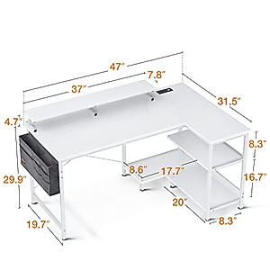ODK L Shaped 48 Inch Computer Desk with USB Charging Port & Power Outlet, L-Shaped Corner Desk with Storage Shelves & Monitor Shelf for Home Office Workstation, Modern Writing Table, White